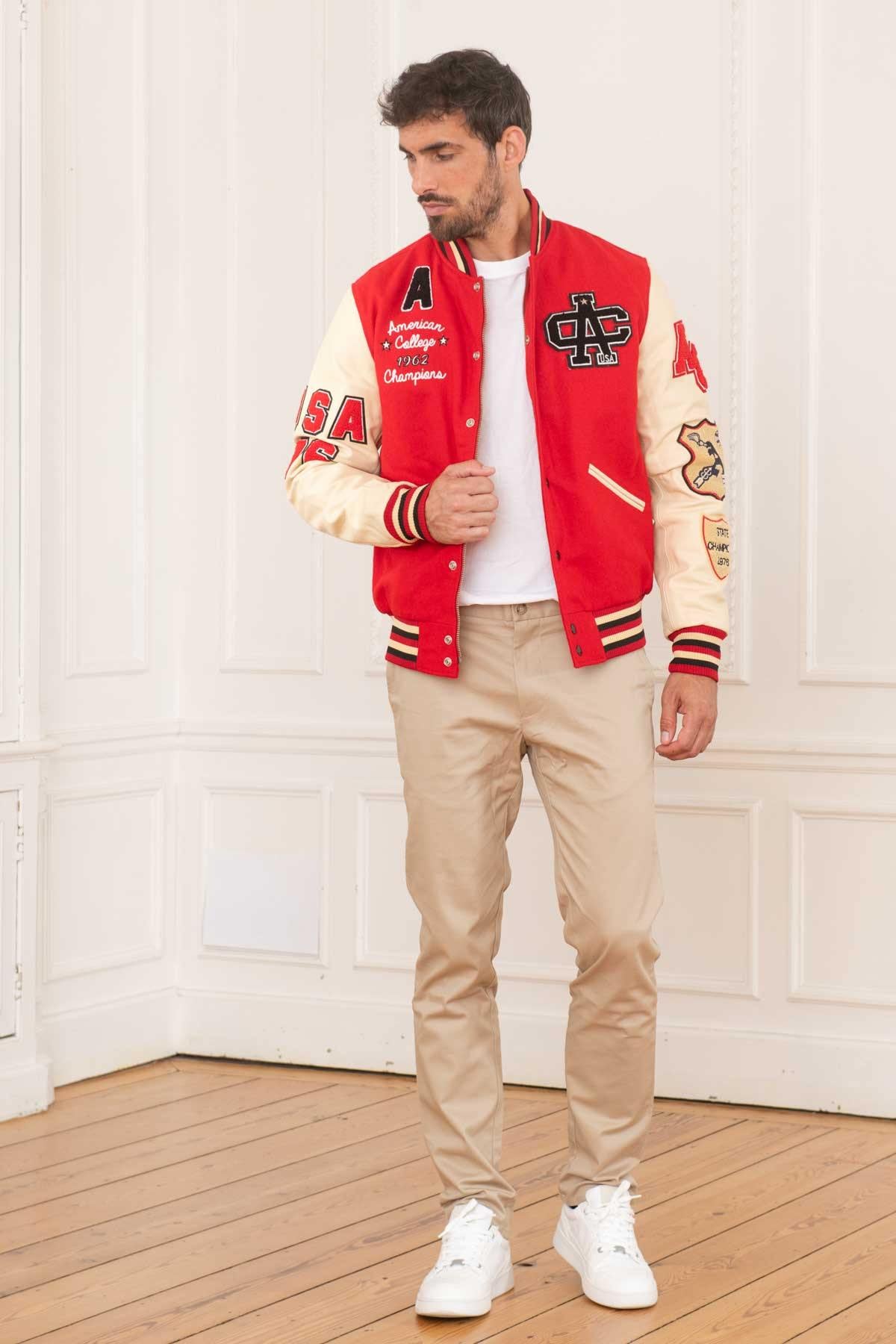 Blouson homme american college AC-10 RED BEIGE - cuir-city.com