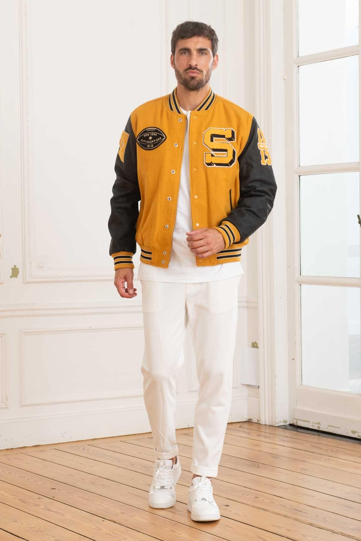 Blouson Schott LCTEDDYBD2 : Cuir vachette jaune, style teddy varsity ...